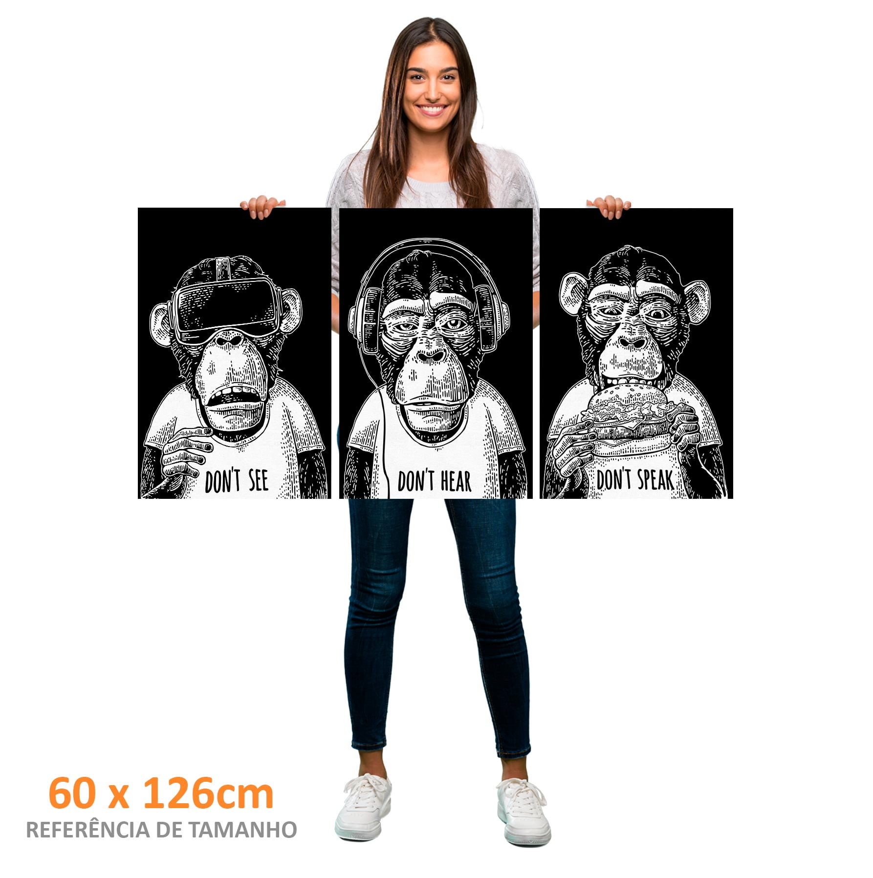Kit 3 quadros retangulares - Os Três Macacos Sábios - Liê Decor
