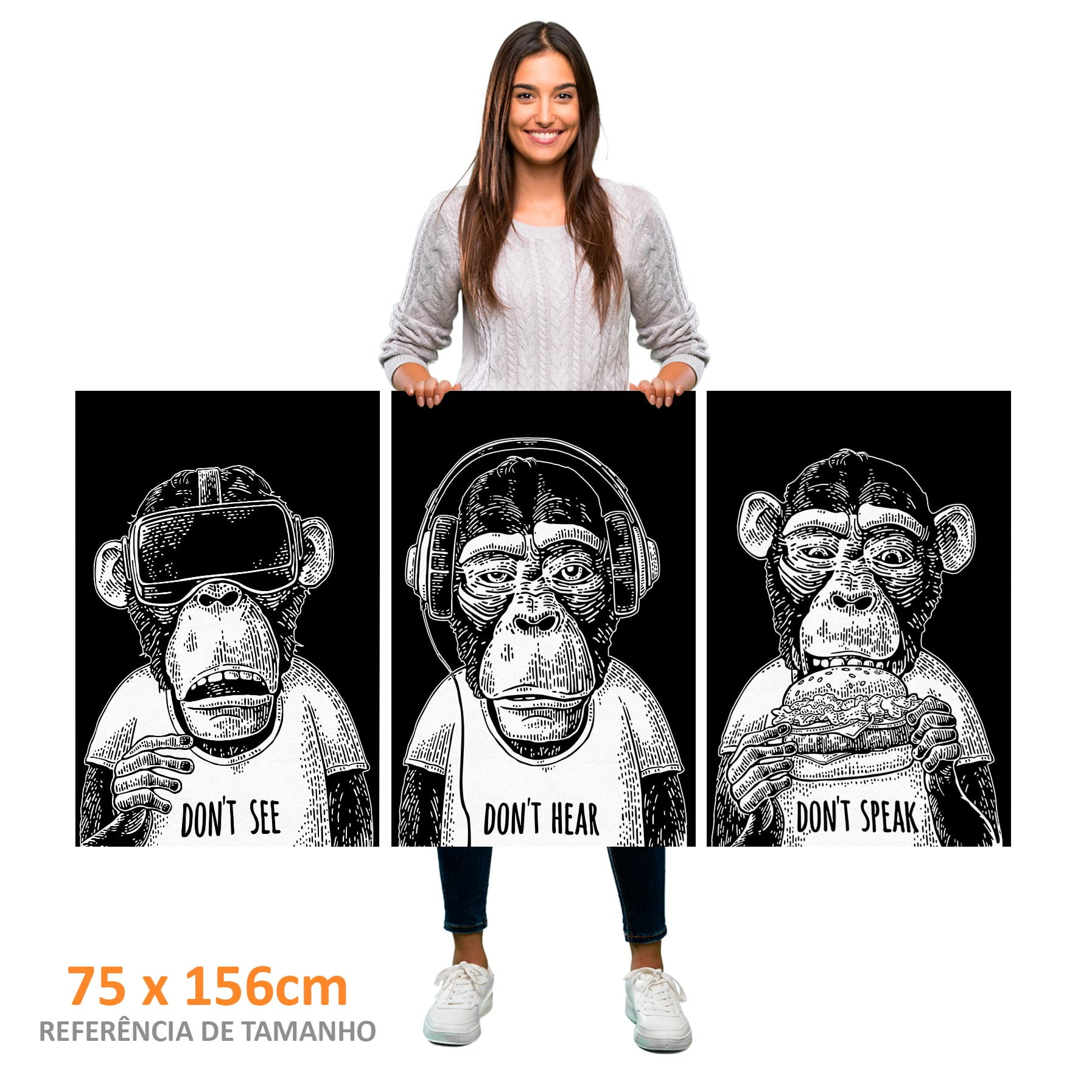 Kit 3 quadros retangulares - Os Três Macacos Sábios - Liê Decor