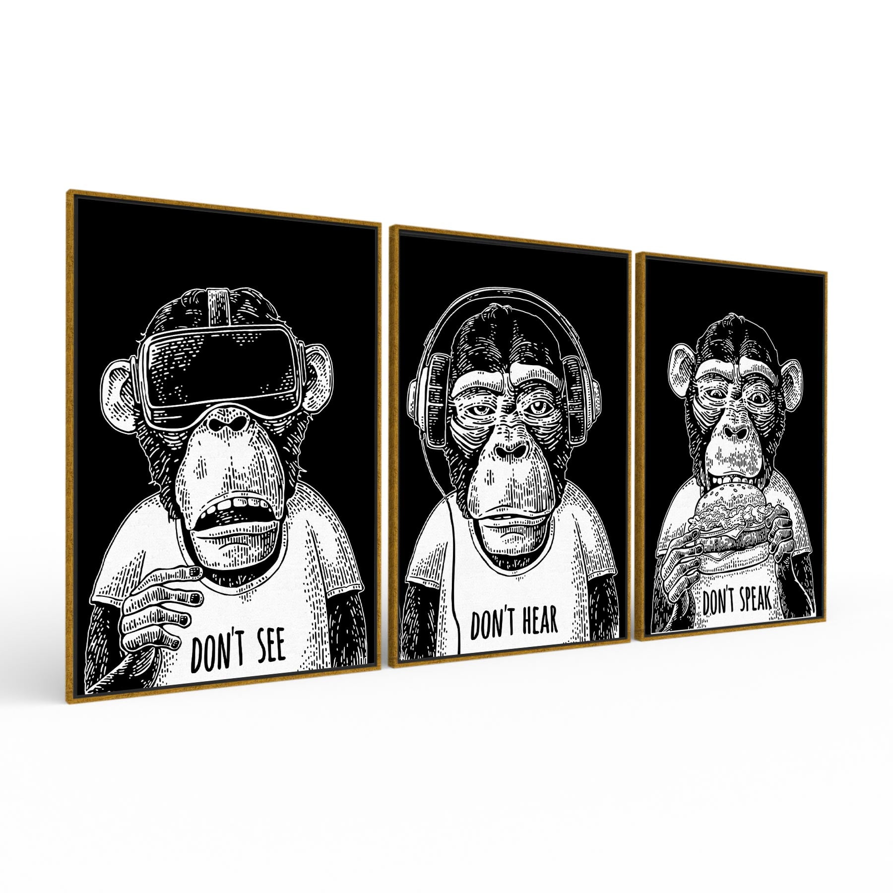 Kit 3 quadros retangulares - Os Três Macacos Sábios - Liê Decor