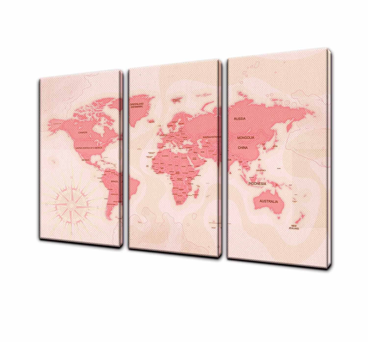 Kit 3 quadros panorâmicos - Mapa Mundi rosa - Liê Decor