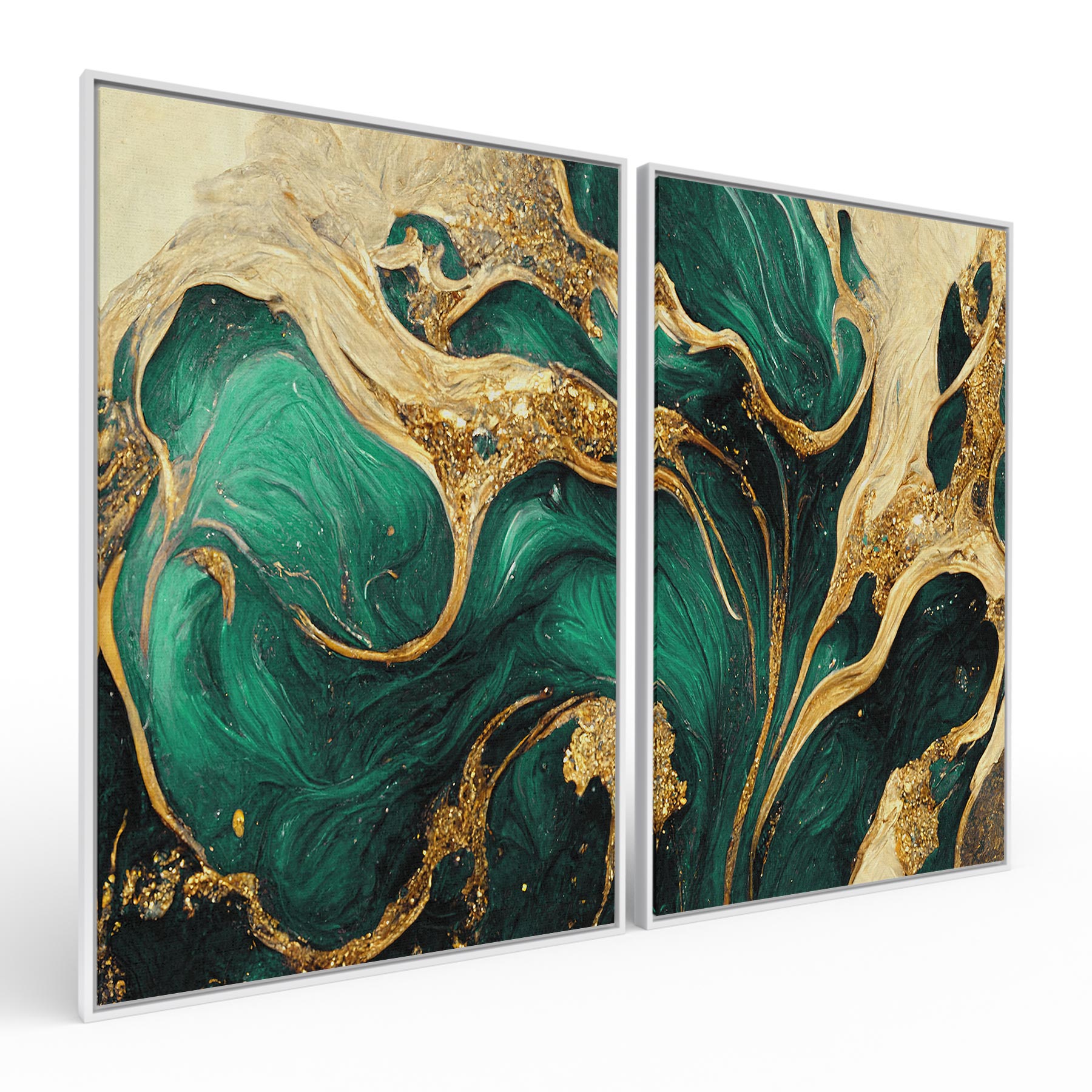 Kit 2 quadros retangulares - Marmorizado verde e dourado - Liê Decor